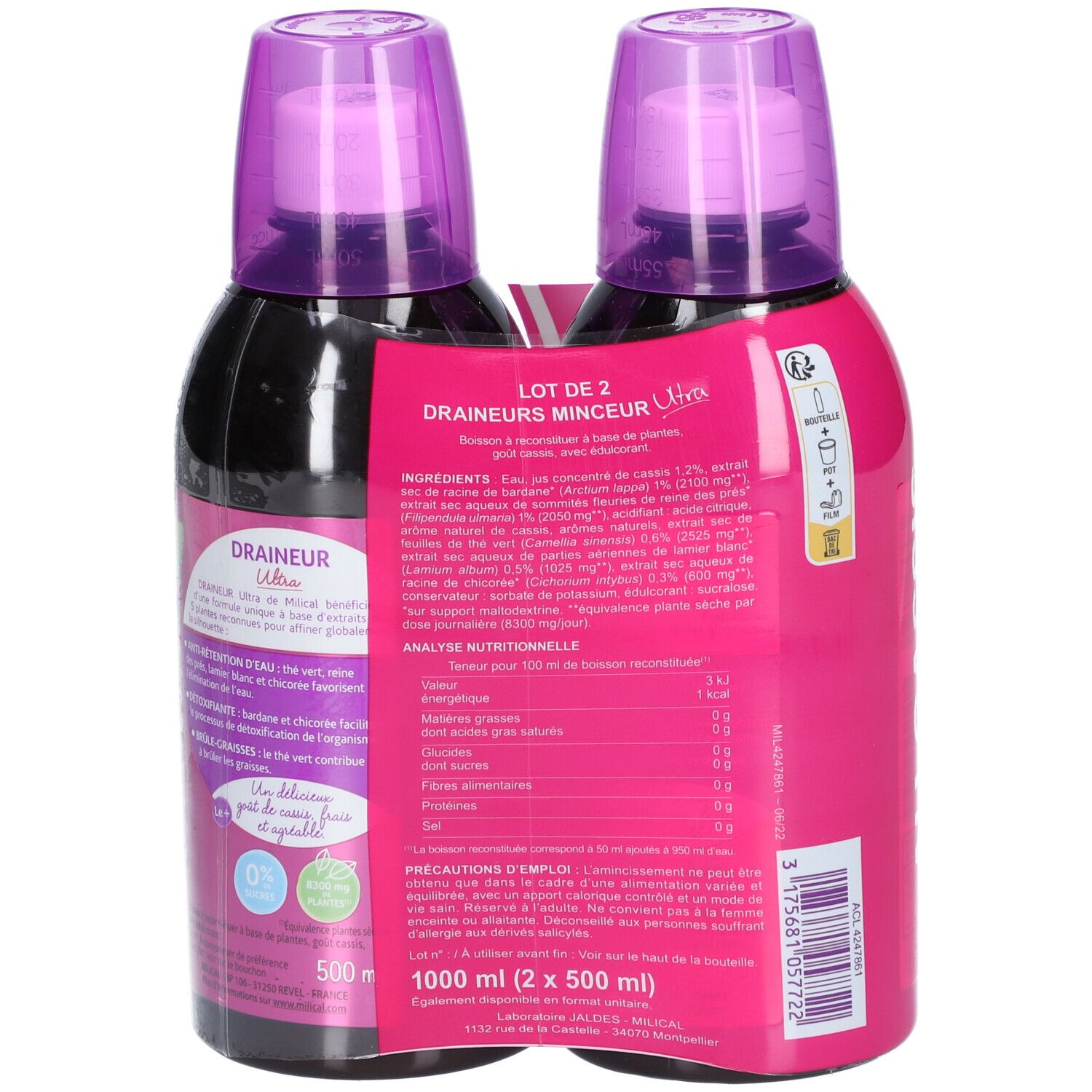 Milical Draineur Ultra cassis 2x500 ml - Redcare Pharmacie