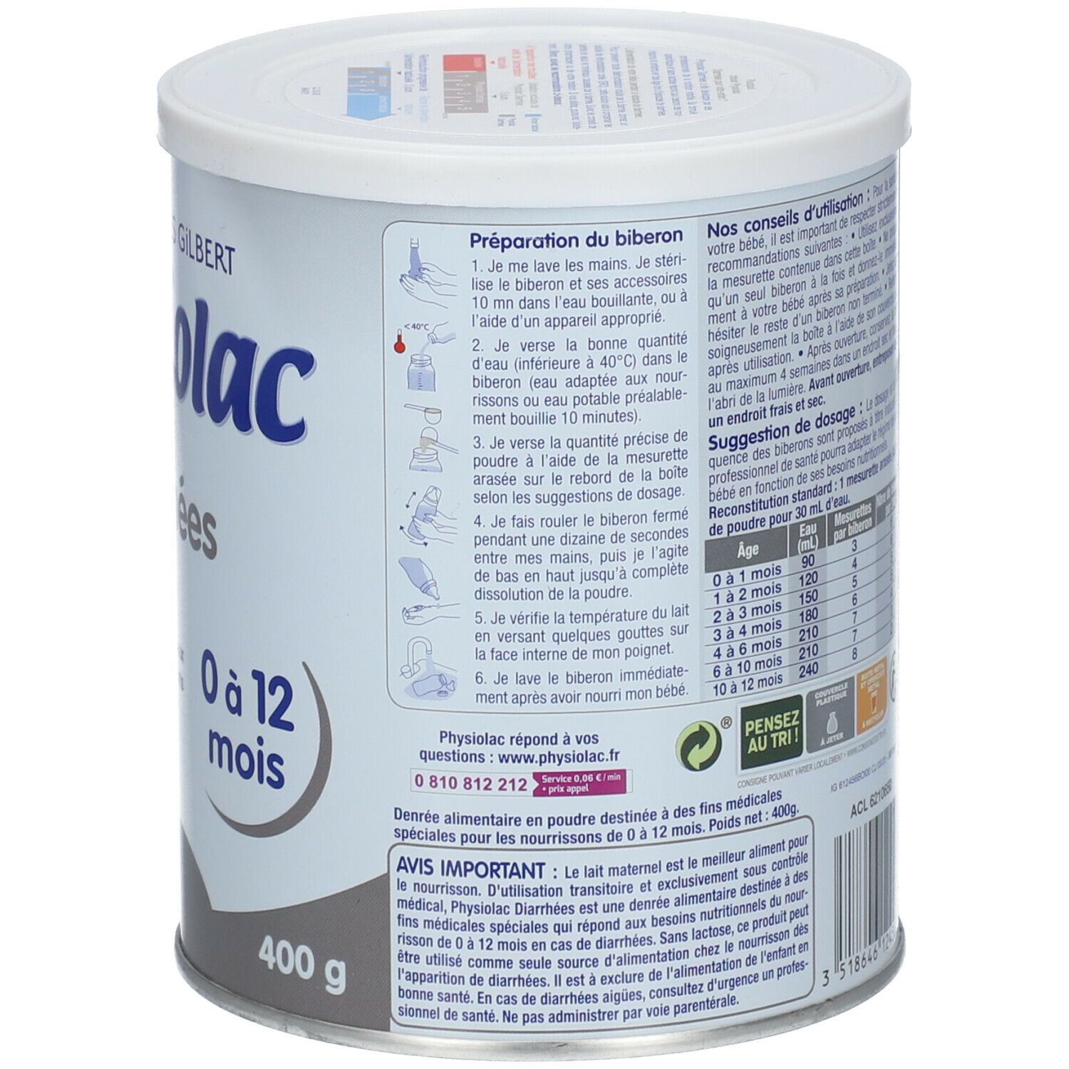 Physiolac Diarrhées 0-12 mois 400 g - Redcare Pharmacie