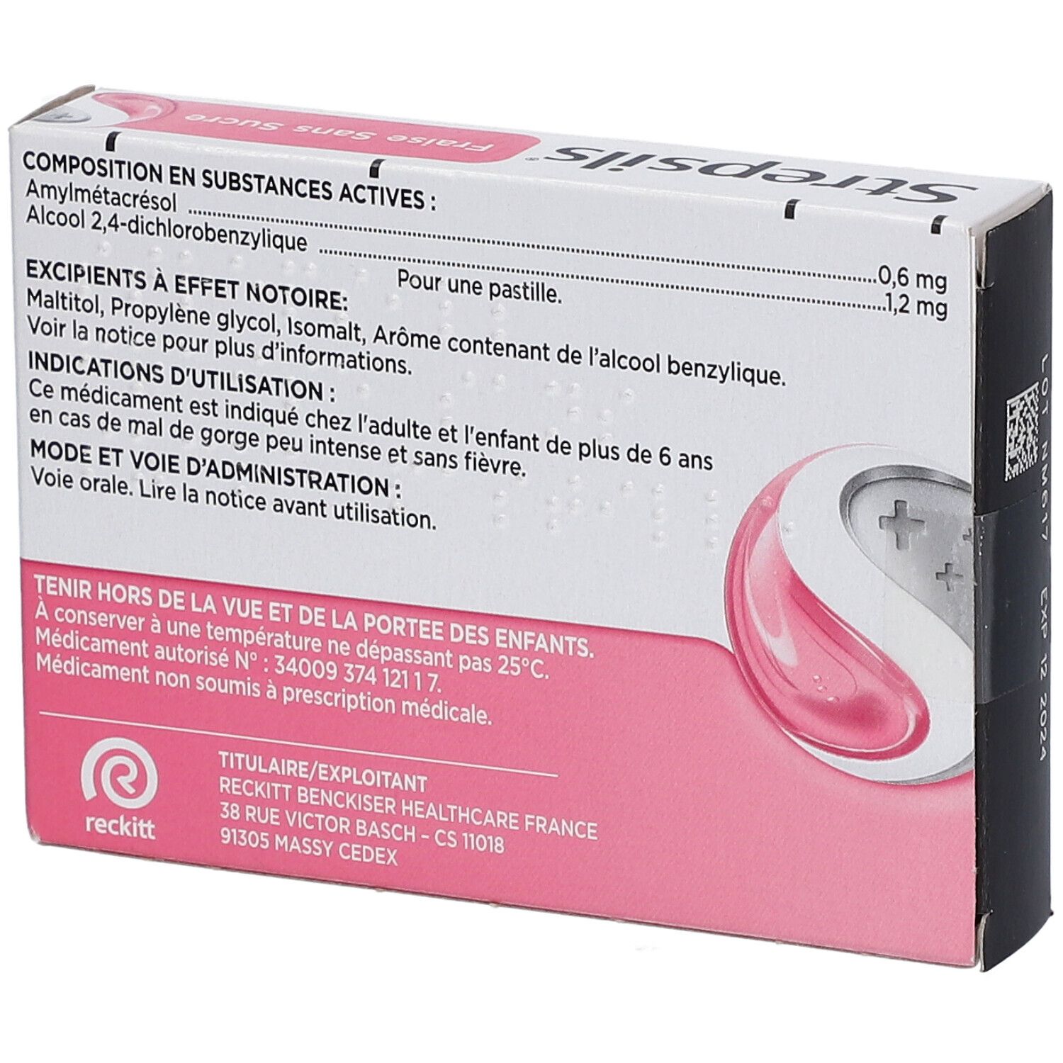 Strepsils Fraise Sans Sucre - Traitement Antiseptique du Mal de Gorge ...